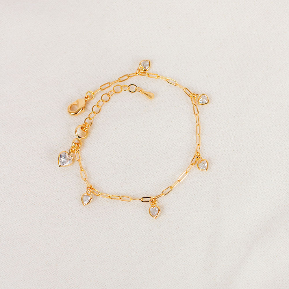 Pulseira Elos Pingentes Coração Banho Ouro 18K Zircônia Rosa Valverde ...