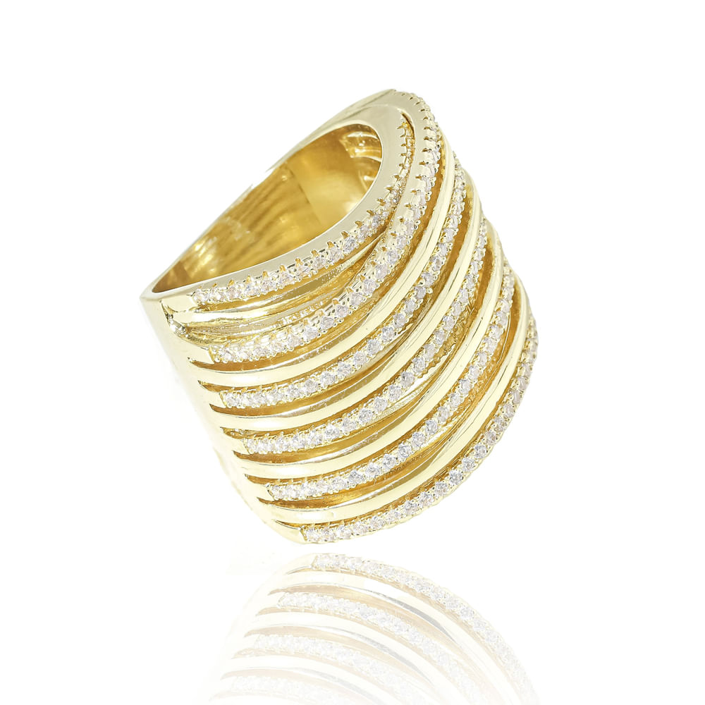 Anel Fileiras Lisa/Cravejada Banho Ouro 18K Zircônia Rosa Valverde ...