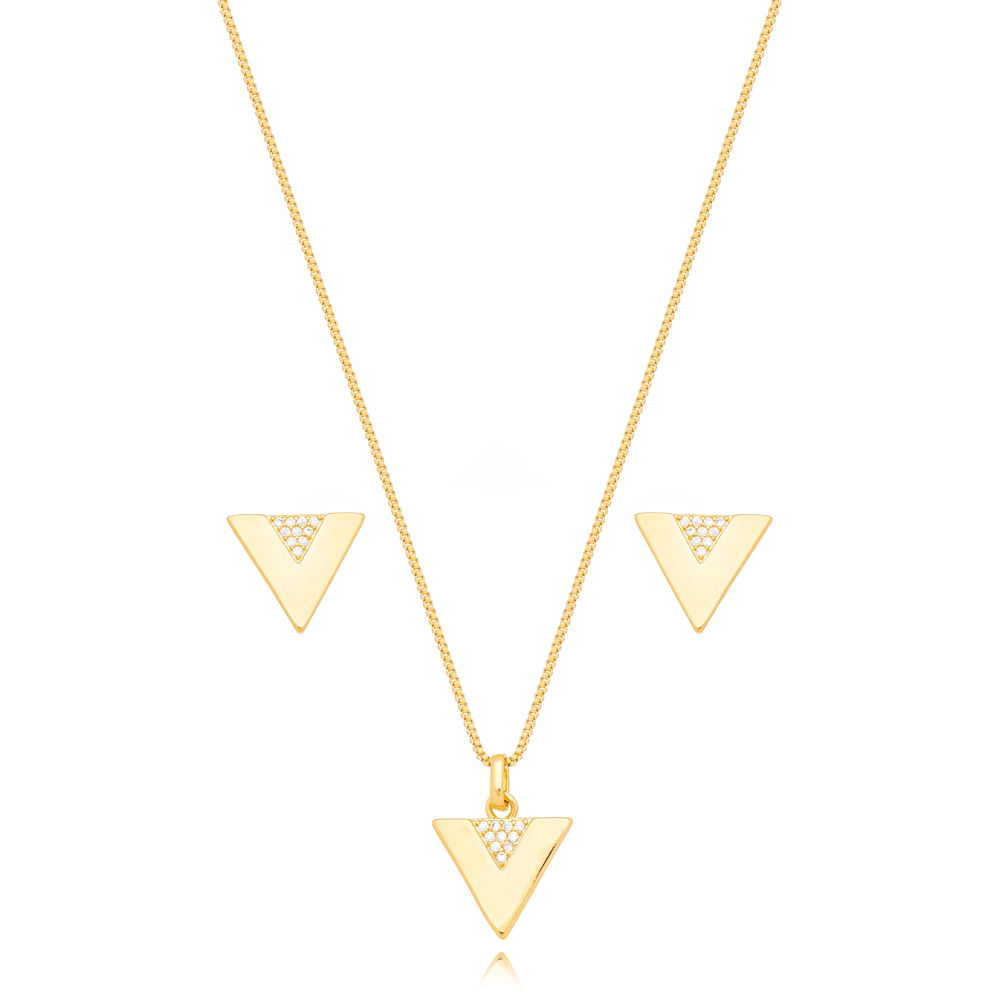 Conjunto Triângulo Invertido Detalhe Banho Ouro 18k Zircônia Rosa ...