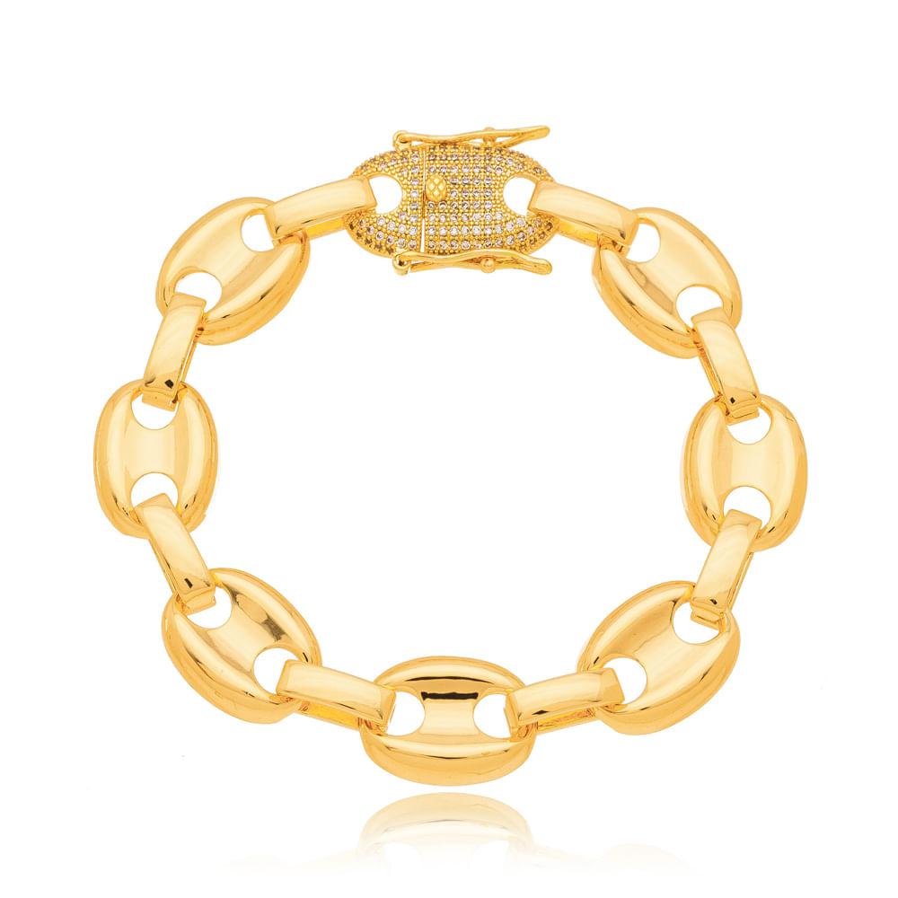 Pulseira Elos Liso Fecho Cravejado Banho Dourado Zircônia Rosa Valverde ...