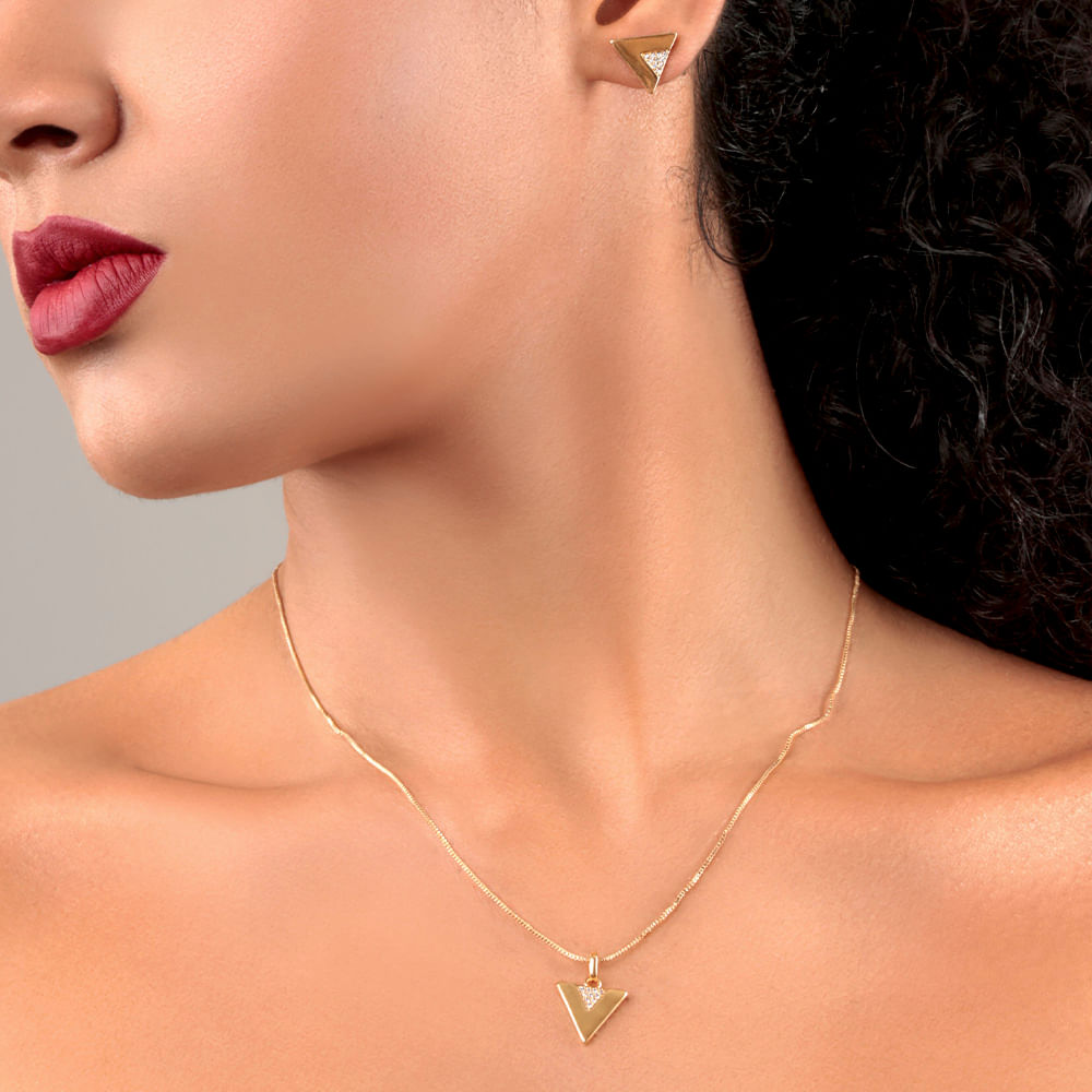 Conjunto Triângulo Invertido Detalhe Banho Ouro 18k Zircônia Rosa ...